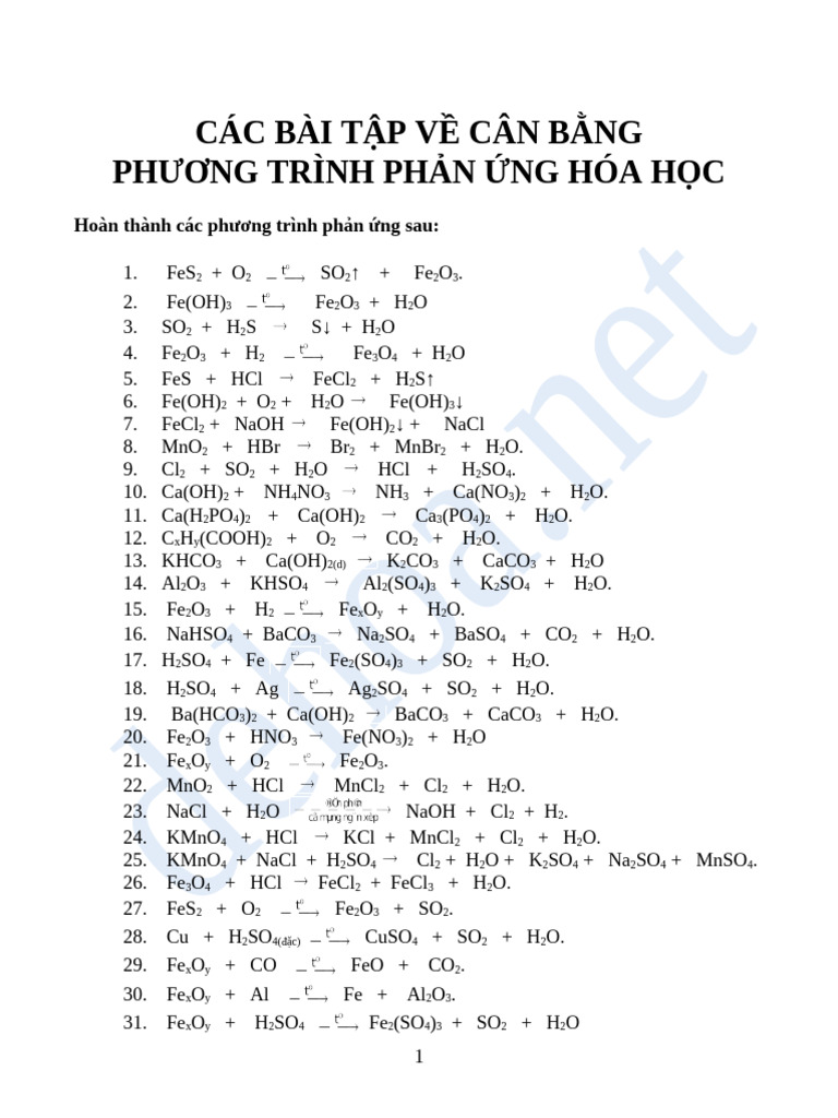 Bai Tap Can Bang Phuong Trinh Hoa Hoc 8 | PDF