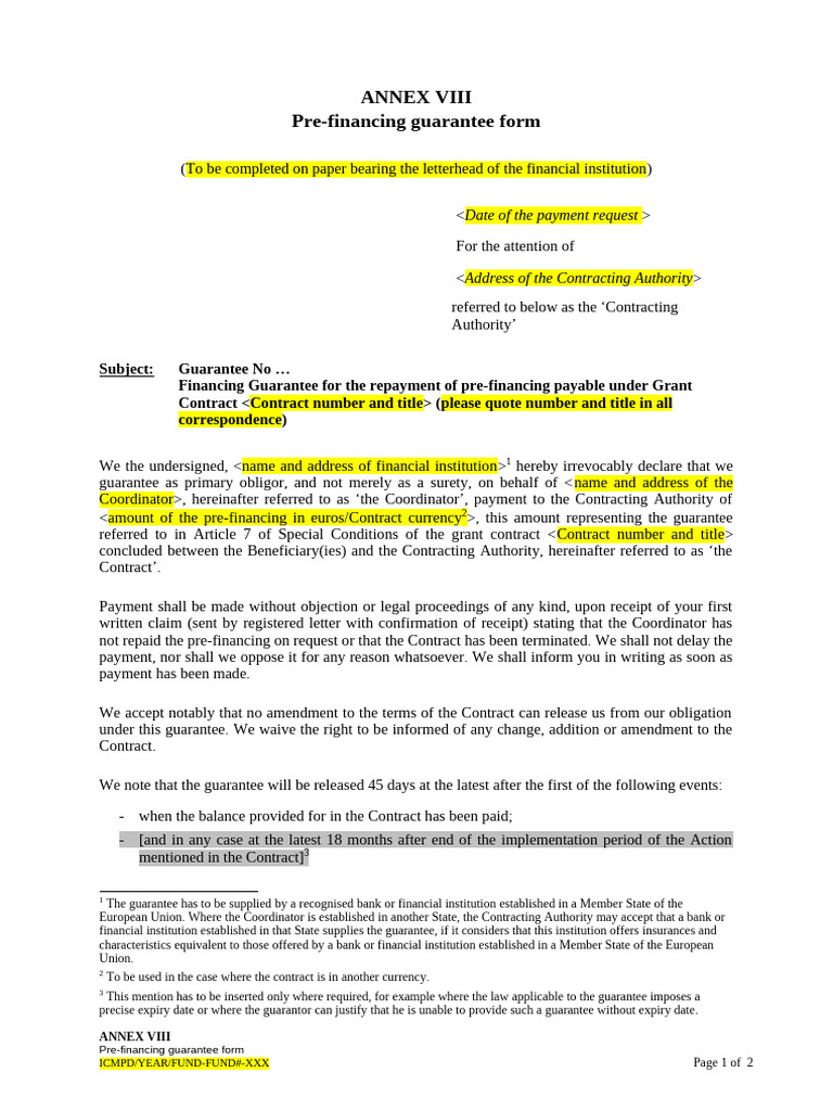 Pre-Financing Guarantee Form Template | PDF | Guarantee | Justice