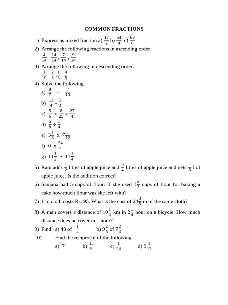 Class 5 - Common Fractions | PDF