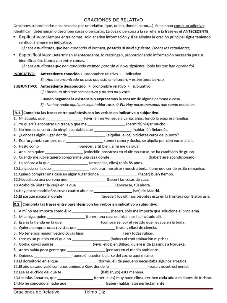 Oraciones de Relativo - Teoría y Ejercicios | PDF | Sintaxis | Lingüística
