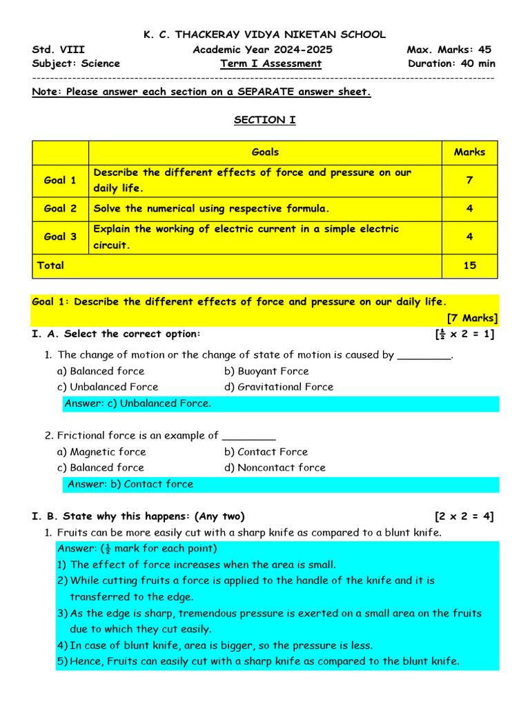 Std. 8 Science - Term I (2023-2024) - Teacher | PDF | Respiratory ...