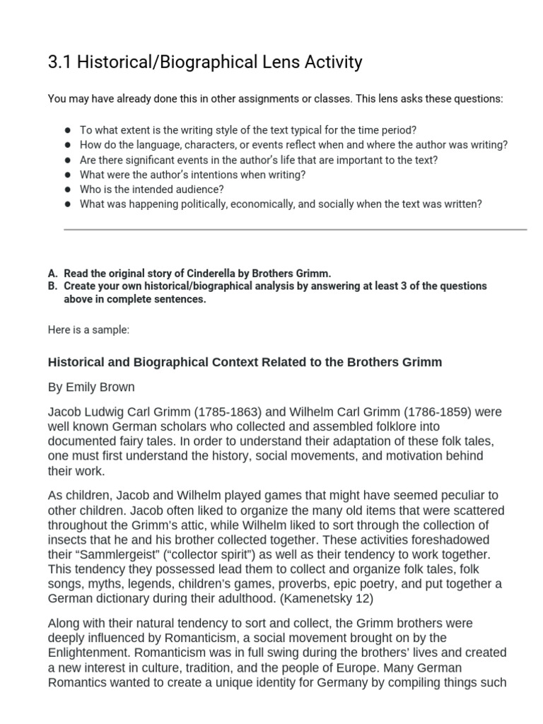 3.1 Historical - Biographical Lens Activity | PDF | Brothers Grimm ...
