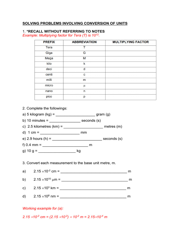 Worksheet - Conversion Unit and Prefixes Practice | PDF | Teaching ...