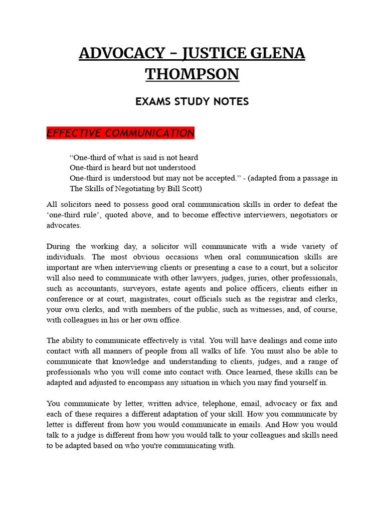 Glena Thompson - Advocacy Exams Notes | PDF | Body Language | Witness