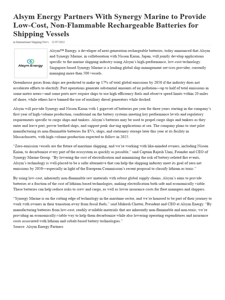 2022 HELLENIC SHIPPING Alsym Energy Partners With Synergy Marine To ...