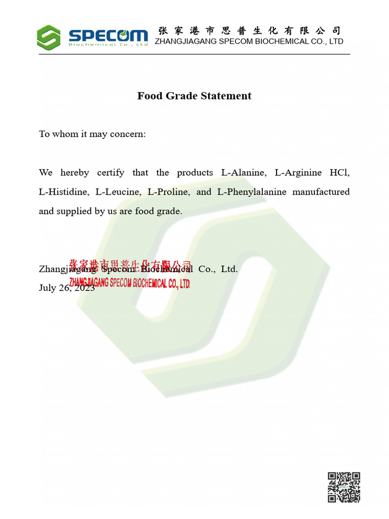 Food Grade Certification by Specom Biochemical | PDF | Cooking, Food ...