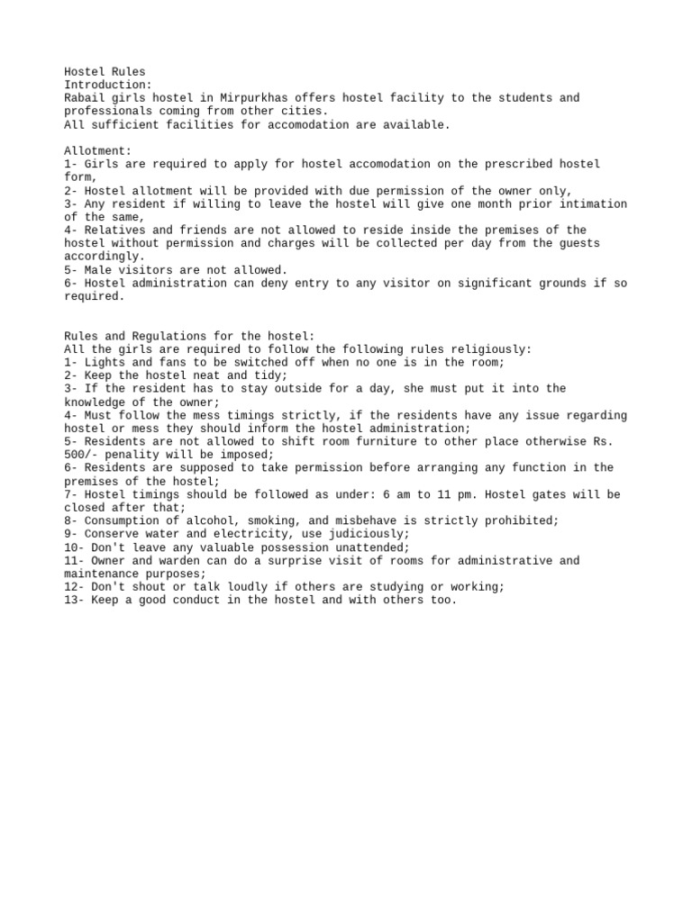Rabail Girls Hostel Rules & Regulations | PDF | Lifestyle