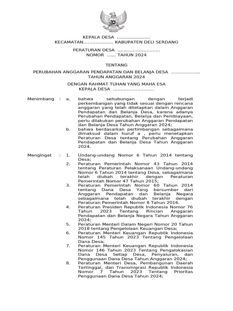 Contoh PERDES Perubahan APBDES 2024 | PDF