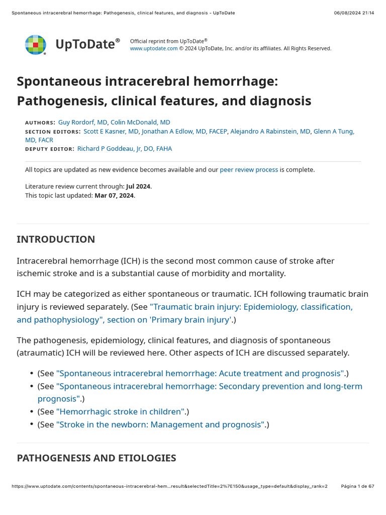 Spontaneous Intracerebral Hemorrhage: Pathogenesis, Clinical Features ...