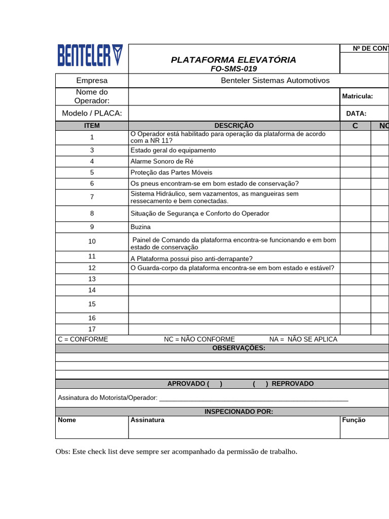 Check List Plataforma Elevatoria | PDF