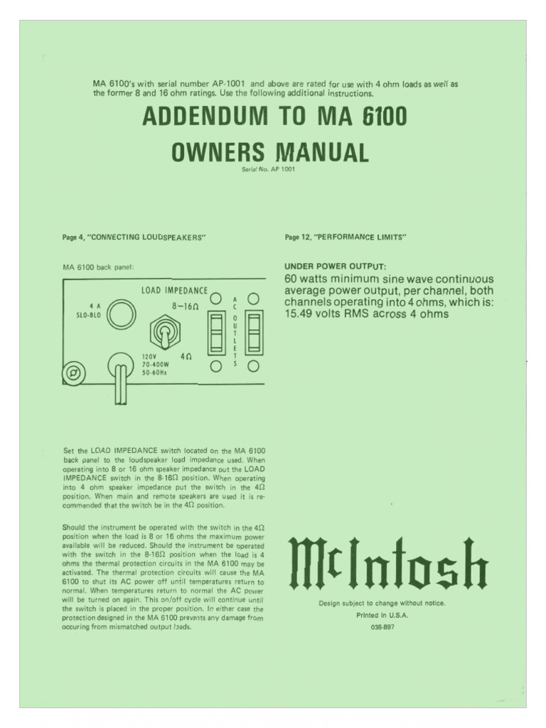 Ma6100 Owners Addendum Ap1001 | PDF