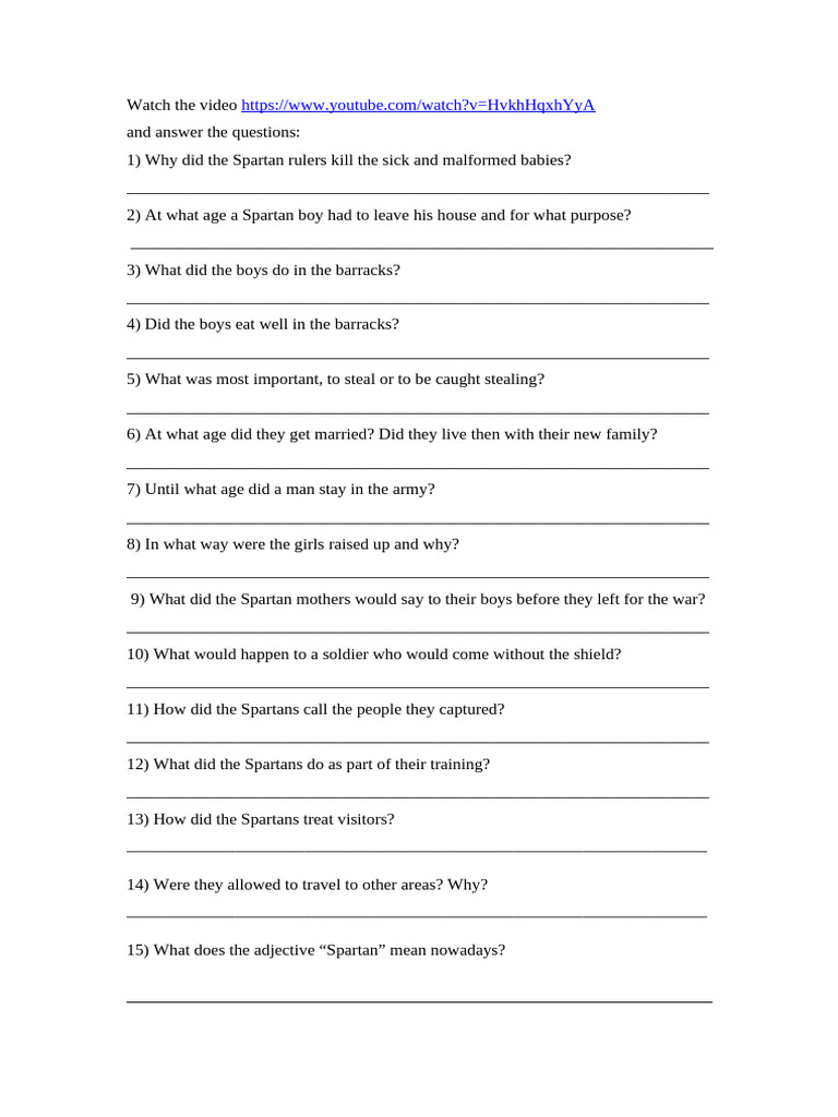 Video For Ancient Sparta - Questions | PDF | Games & Activities ...
