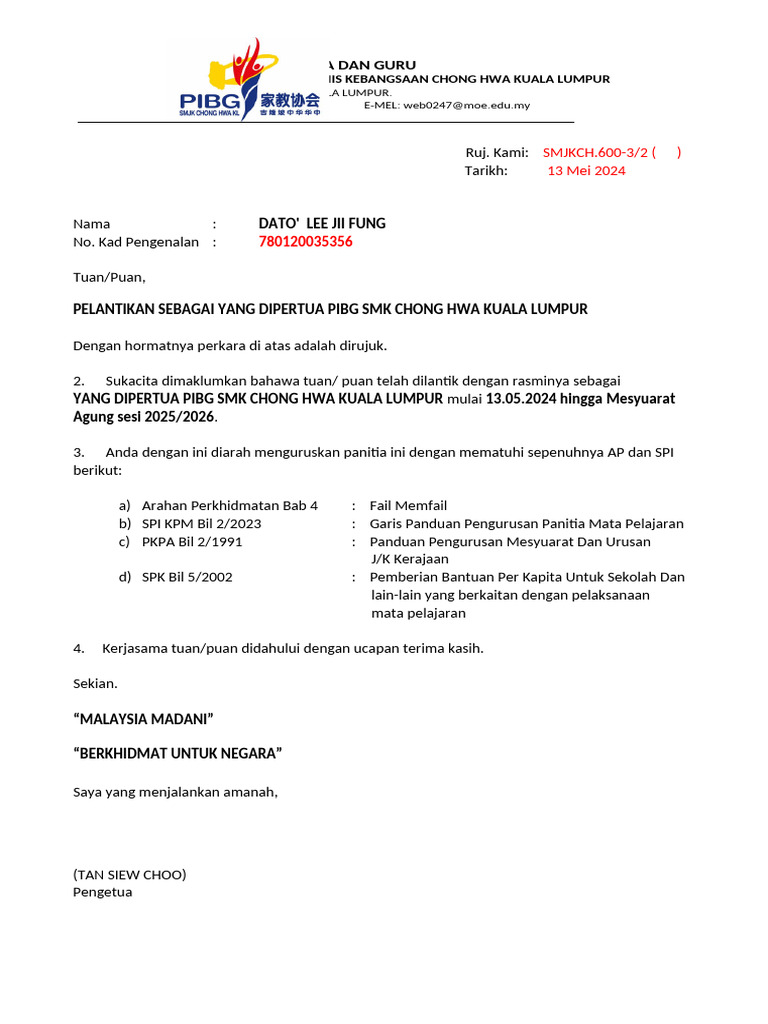 Surat Lantikan PIBG | PDF