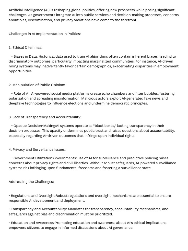 Artificial Intelligence (AI) Is Reshaping Global Politics, Offering New ...