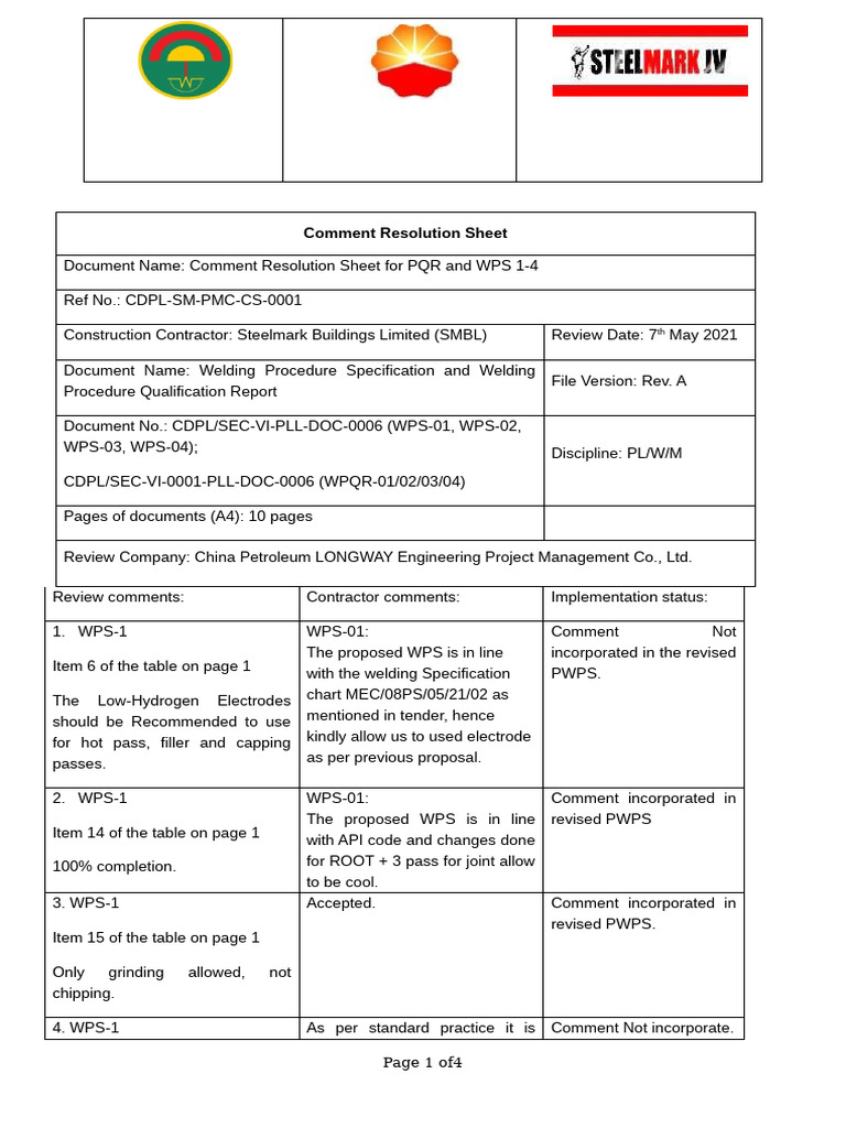 Welding Comment Resolution Sheet | PDF | Welding | Construction
