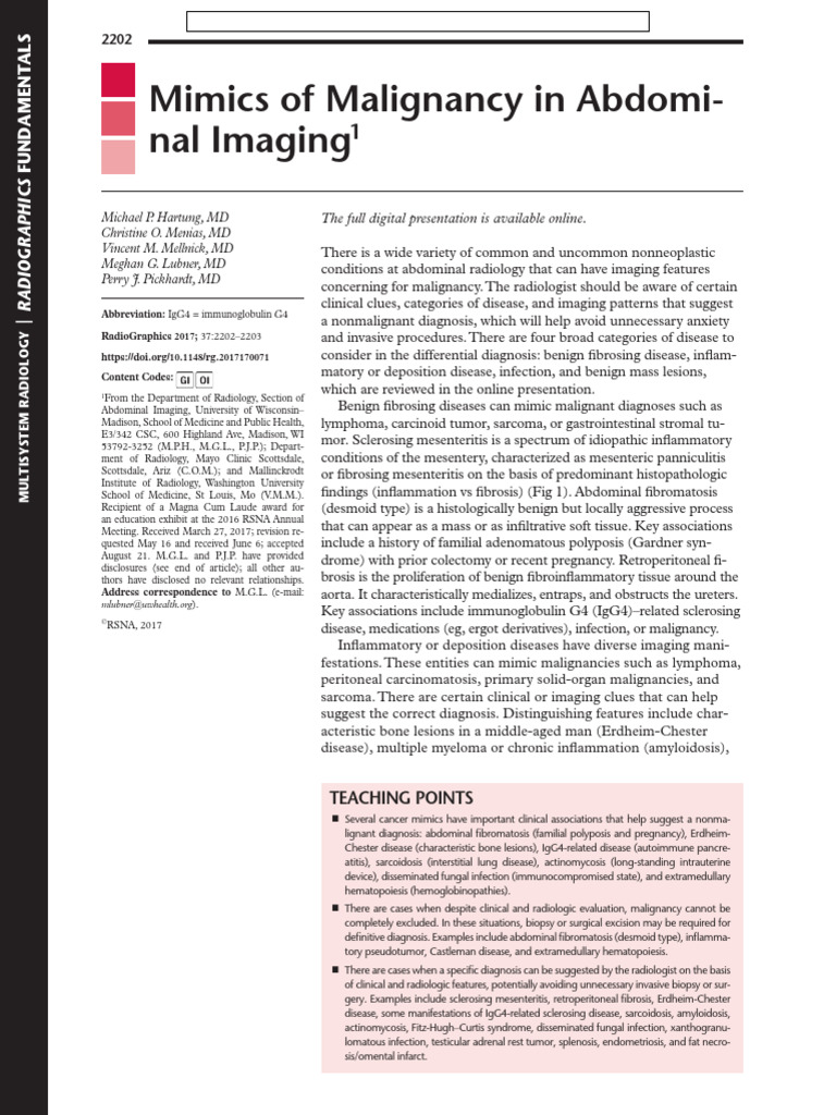 Mimics of Malignancy in Abdominal Imaging1 | PDF | Neoplasms | Clinical ...