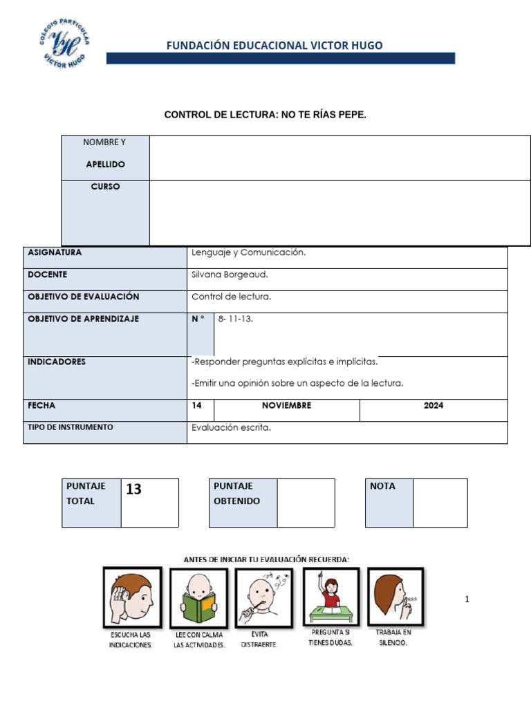 Control de Lectura NO TE RIAS PEPE | PDF