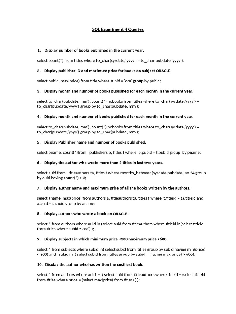 SQL Experiment 4 Queries - Answers | PDF | Databases | Data Management ...