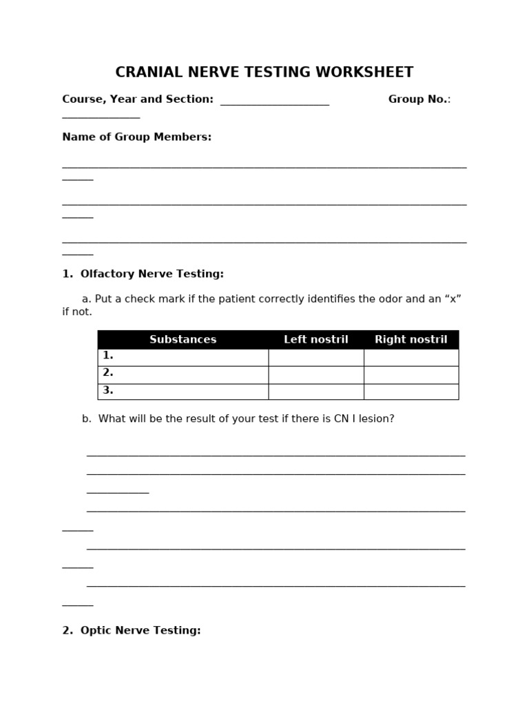 Worksheet - Cranial Nerve Testing | PDF | Visual Acuity | Visual System