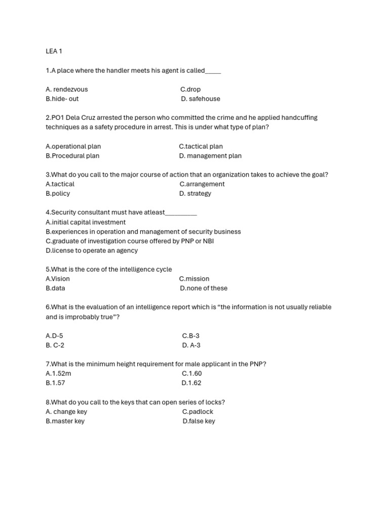 LEA 1 mock questions | PDF | Police | National Security