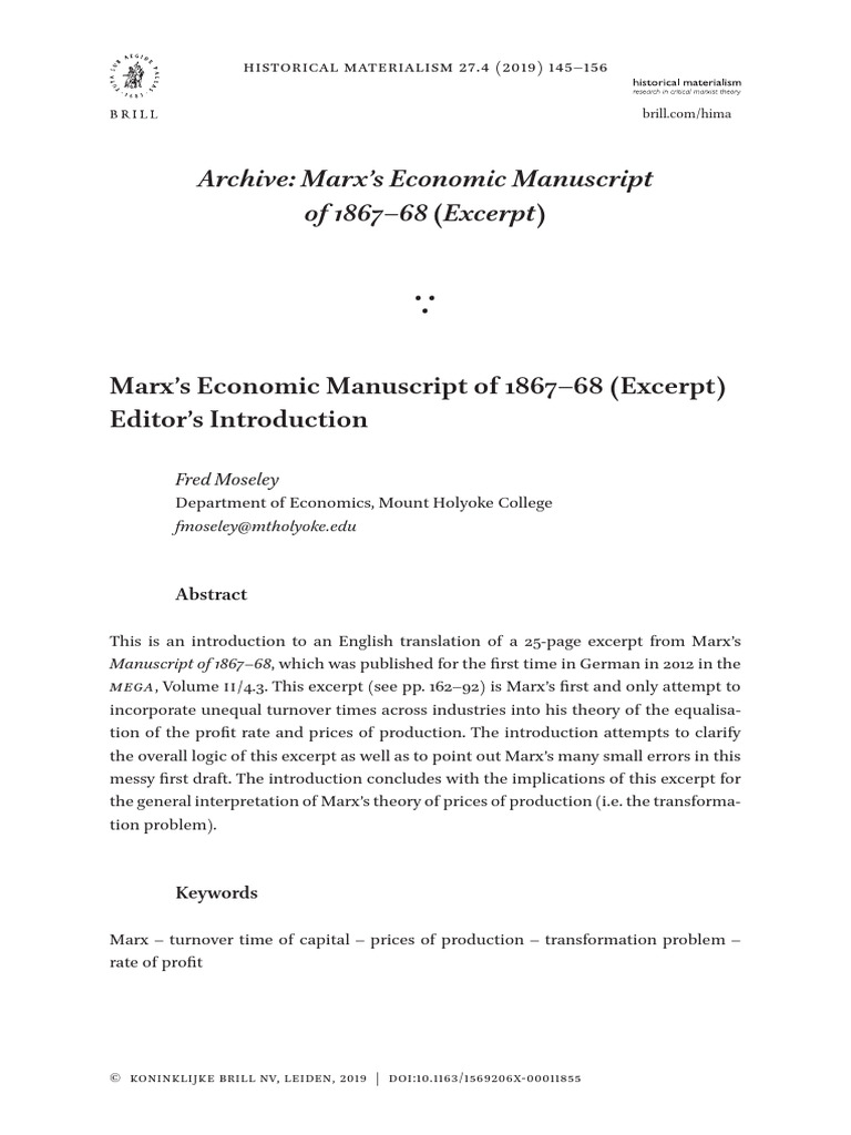 Marx's Economic Manuscript of 1867-68 (Excerpt) ( MEGA II - 4.3) - Brill (2019) | PDF | Capital ...