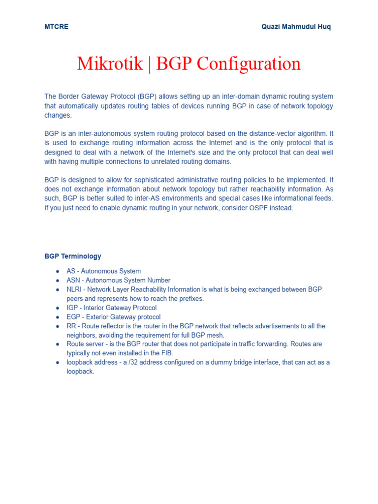 Mikrotik - BGP Configuration | PDF | Routing | Internet Architecture
