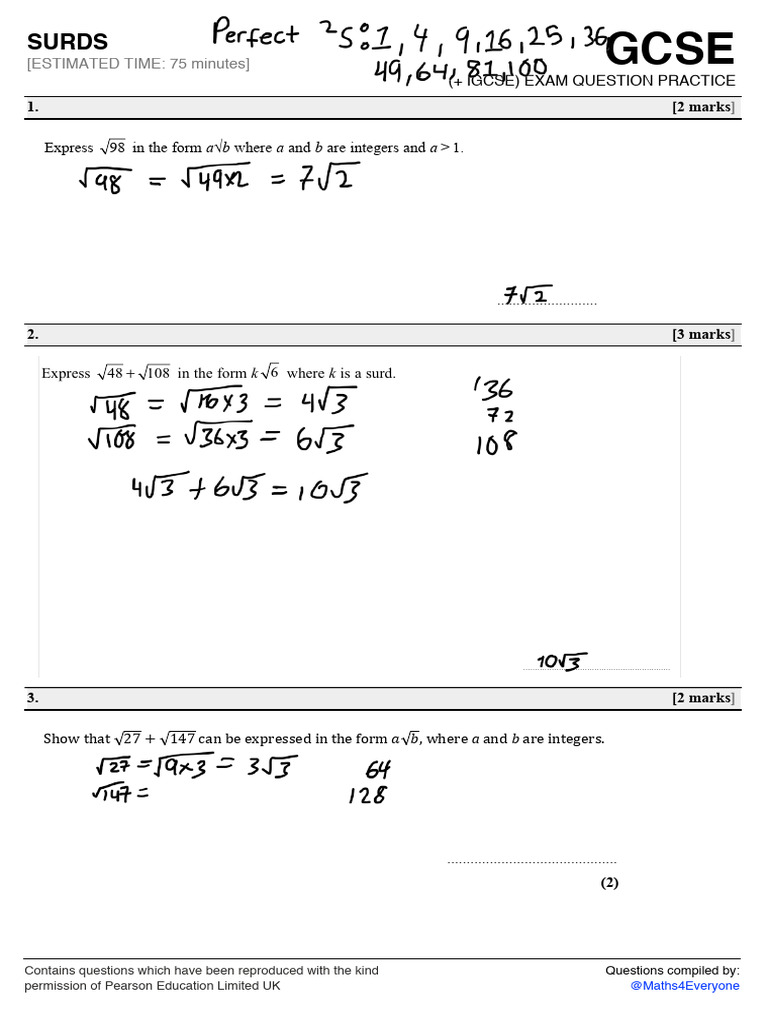Surds Practice Questions | PDF | Area | Number Theory