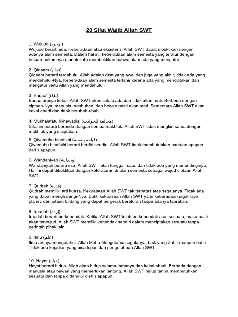 20 Sifat Wajib Allah SWT | PDF
