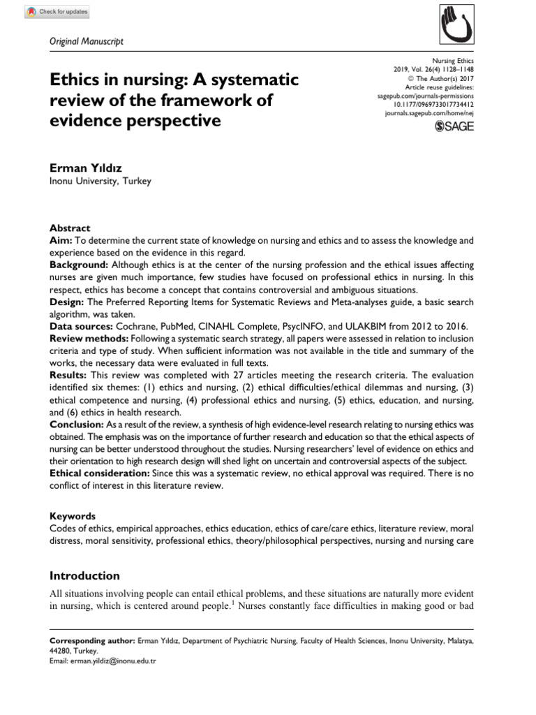 Ethics in Nursing: A Systematic Review of The Framework of Evidence ...