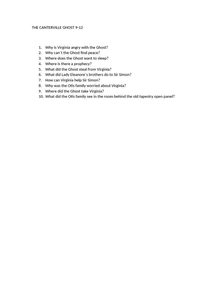 The Canterville Ghost 9-12 QUESTIONS | PDF | Mystery, Thriller & Crime ...