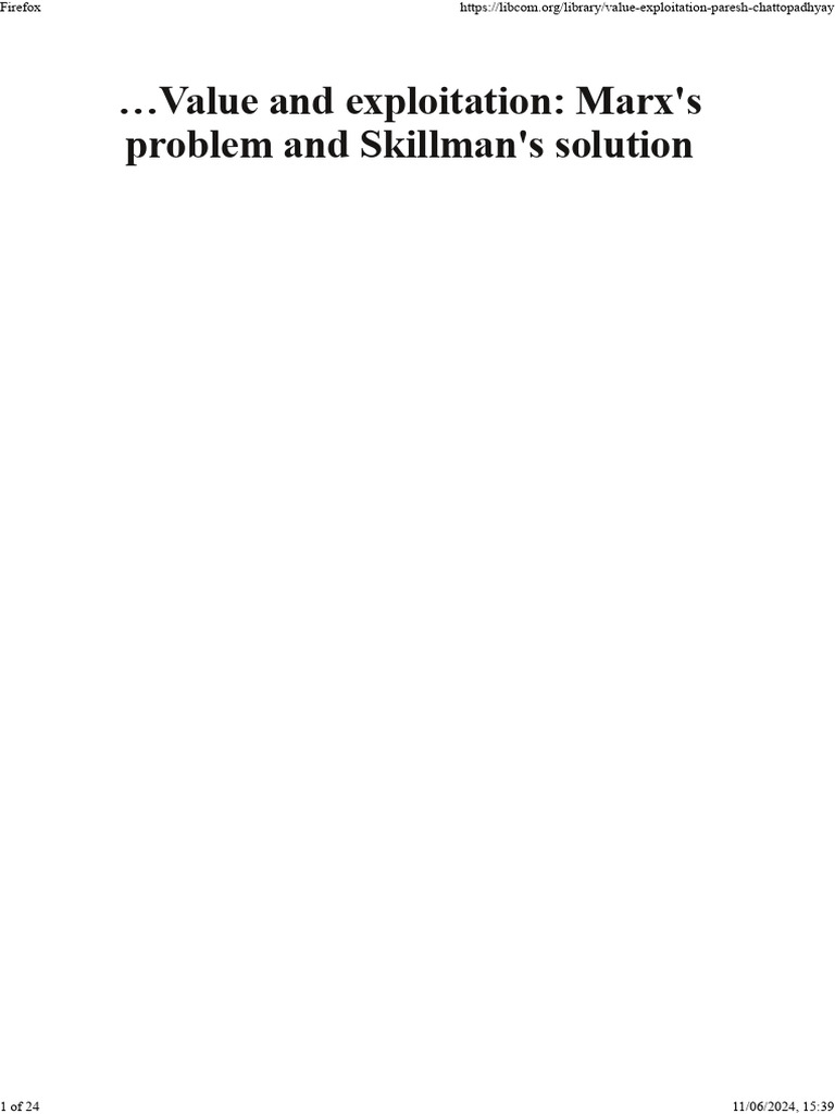 Chattopadhyay, P. (1998) - Value and Exploitation Marx's Problem and Skillman's Solution | PDF ...