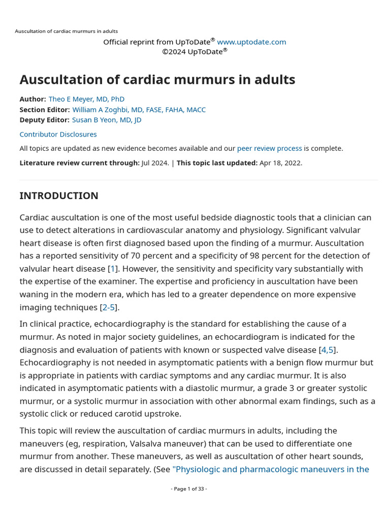 Auscultation of Cardiac Murmurs in Adults | PDF | Ventricle (Heart) | Heart