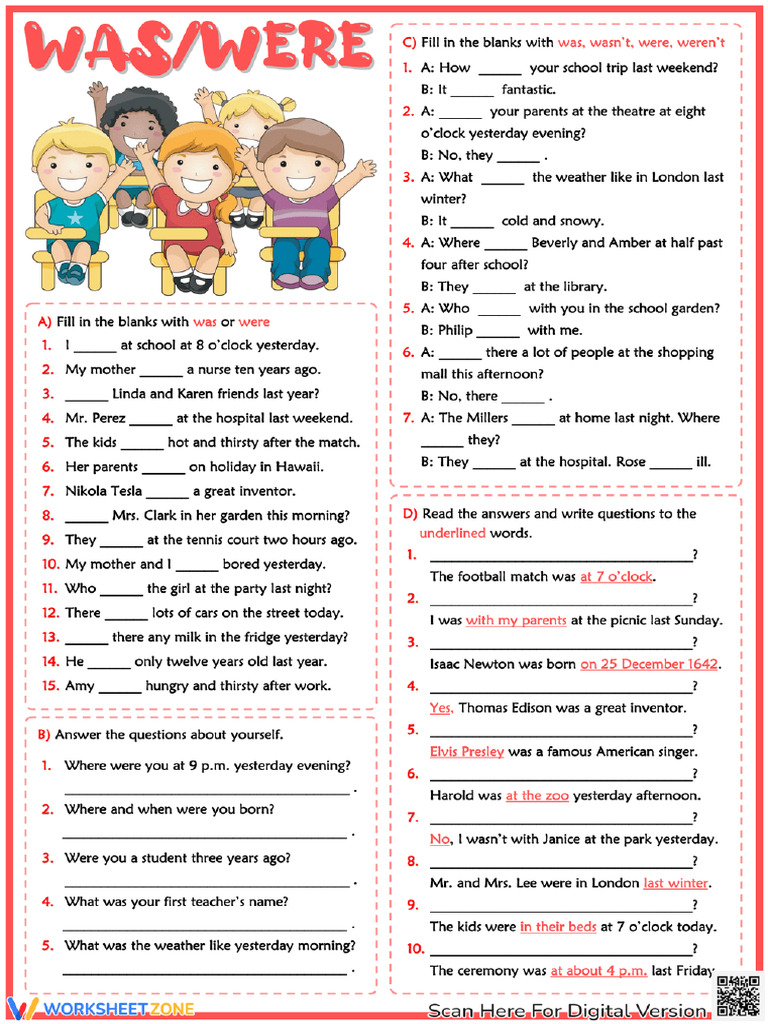 Past Simple Was Were ESL Grammar Exercises Test Worksheet | PDF