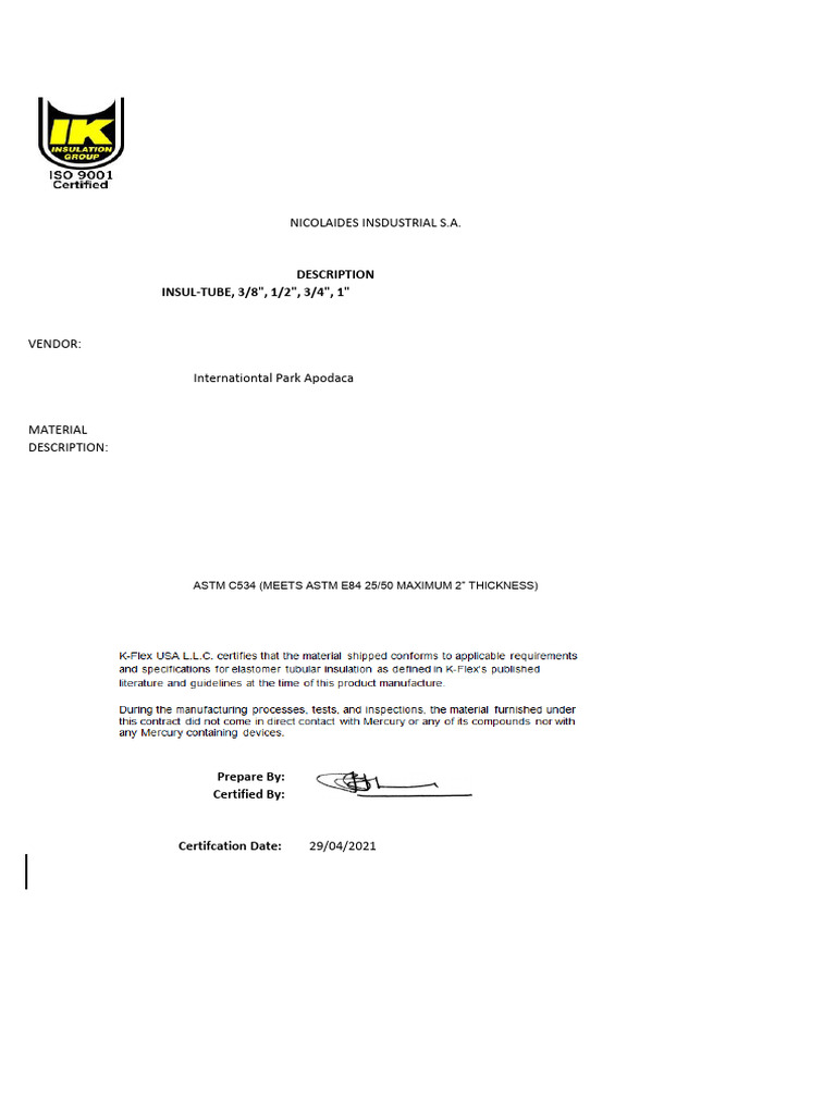 K-Flex - Certificado de Origen - COC Insul-Tube | PDF