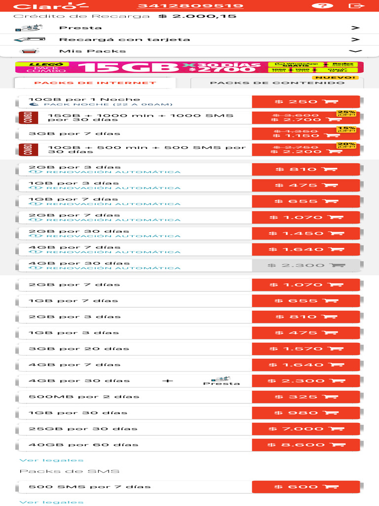 Packs de Internet y SMS de Claro | PDF