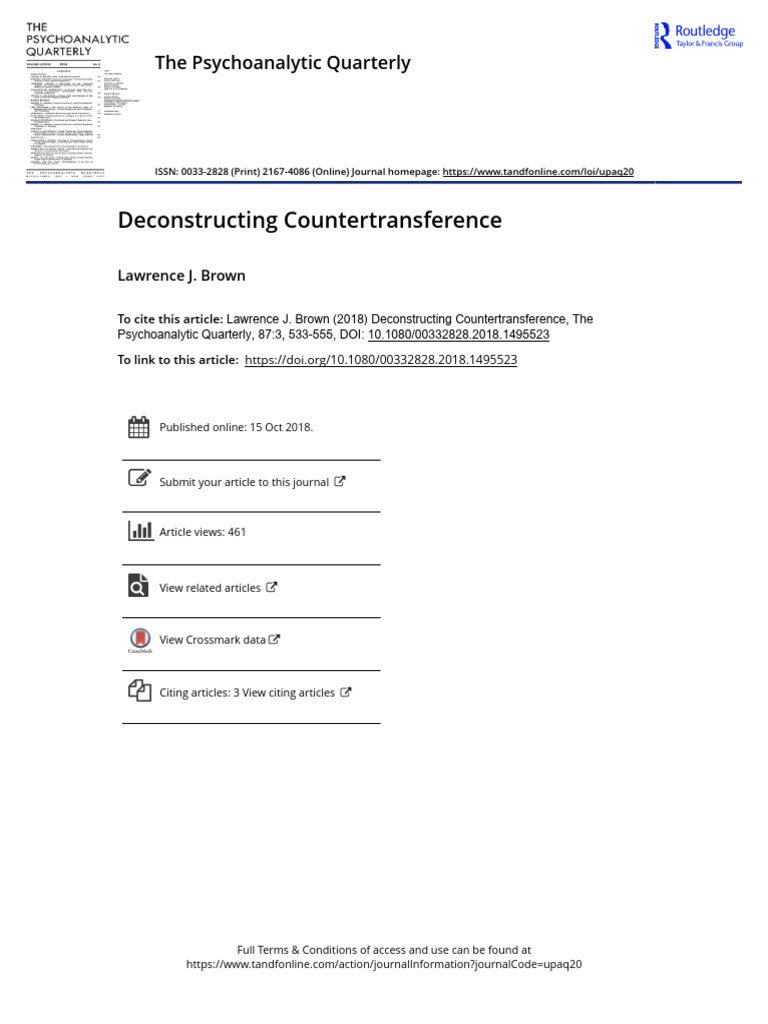 Brown 2018 Deconstructing Countertransference | PDF | Psychoanalysis ...