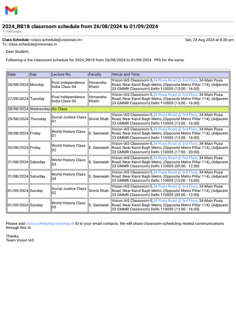 Gmail - 2024 - RB18 Classroom Schedule From 26 - 08 - 2024 To 01 - 09 - 2024 | PDF