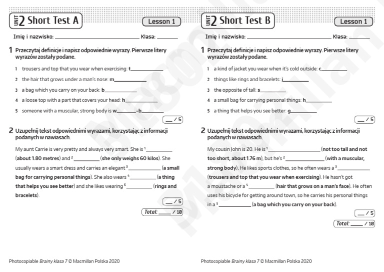 Brainy kl7 Short Tests Unit 2 Lesson 1 | PDF | Clothing | Fashion
