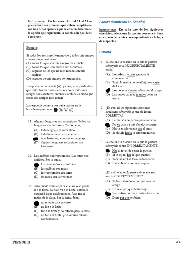 Prueba Piense II - Ejercicios de Español | PDF