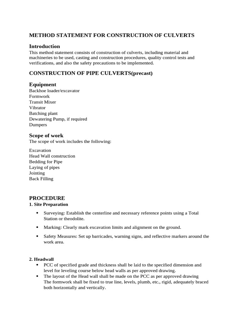 Method Statement For Construction of Culverts | PDF | Concrete | Pipe (Fluid Conveyance)