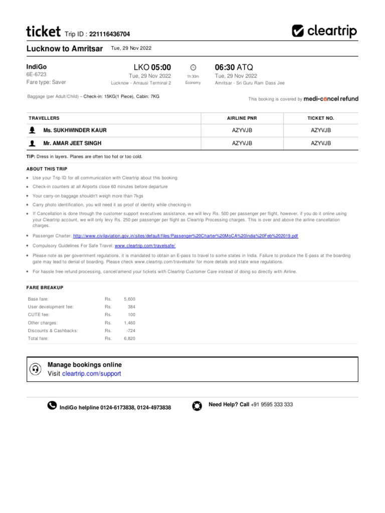 Cleartrip Booking Details for Trip ID 221116436704 | PDF | Airlines | Transport