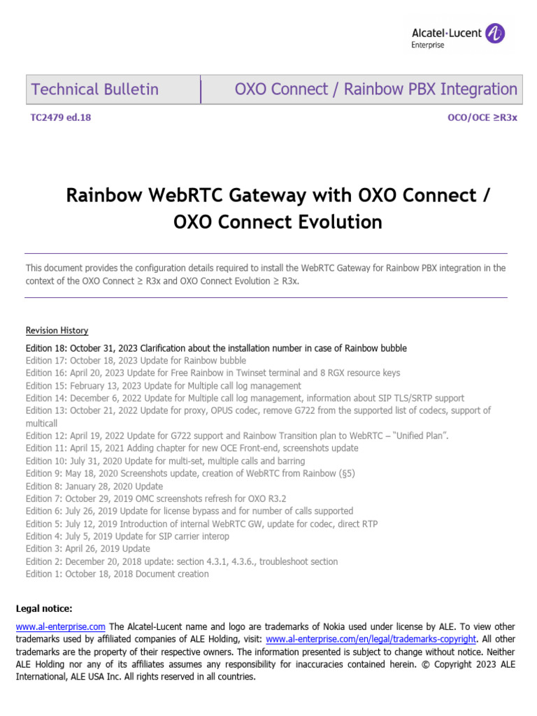 TC2479en-Ed18 Rainbow WebRTC Gateway With OXO Connect-OXO Connect Evolution | PDF | Session ...