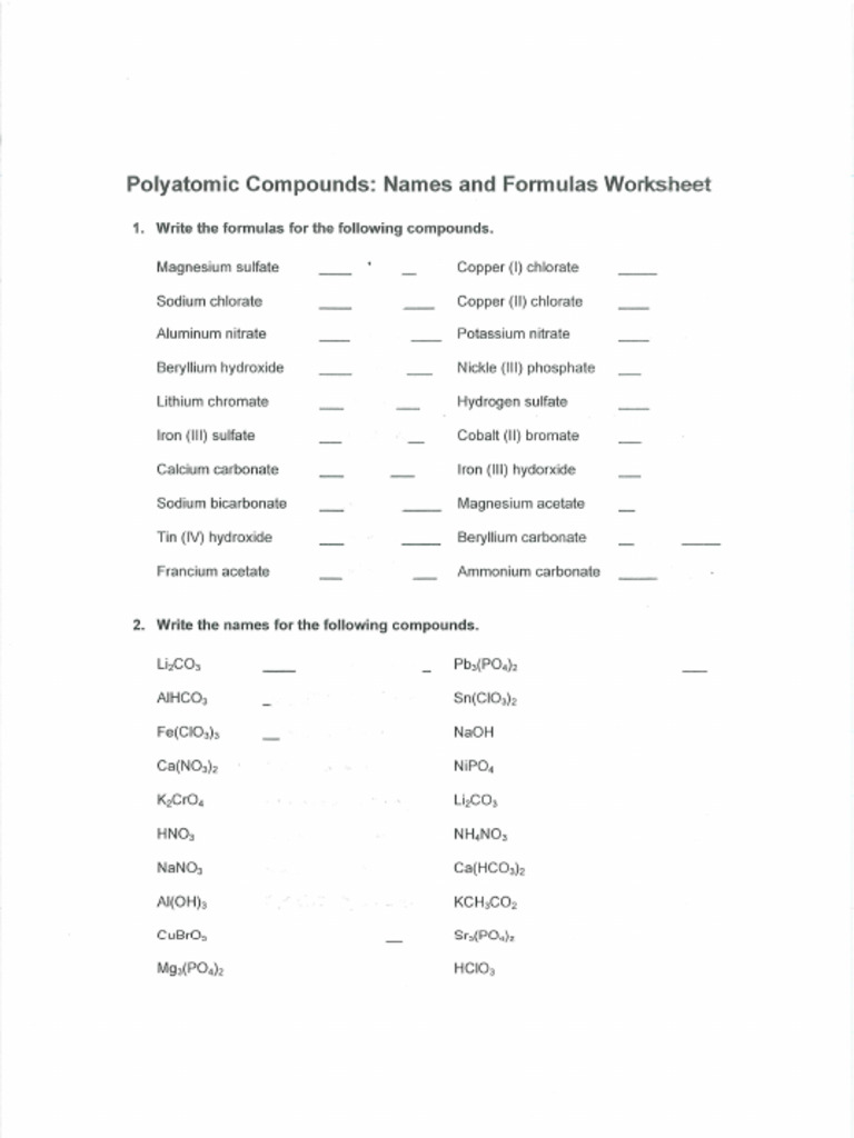 Names and Formulae Worksheet | PDF