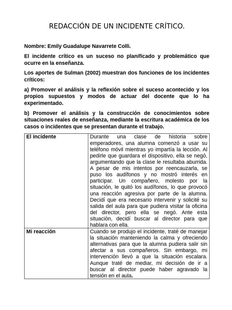 Redacción de Un Incidente Crítico | PDF | Salón de clases | Enseñando