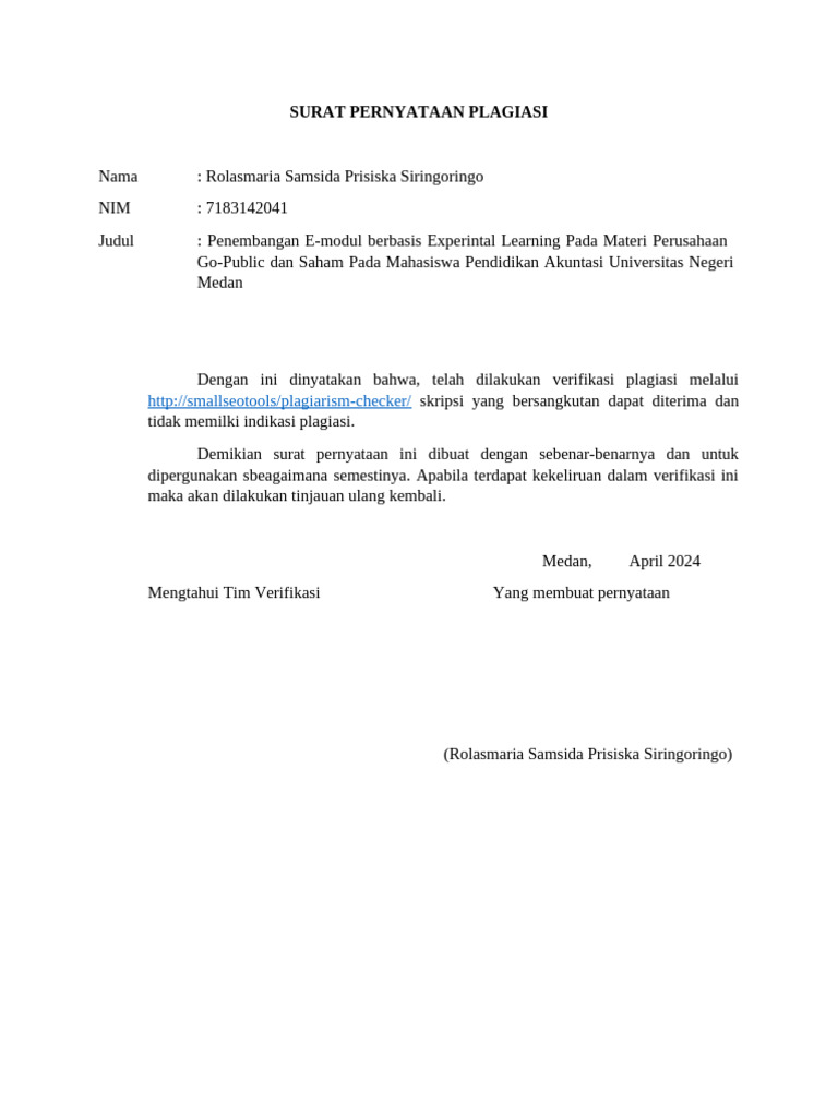 Surat Pernyataan Plagiasi | PDF