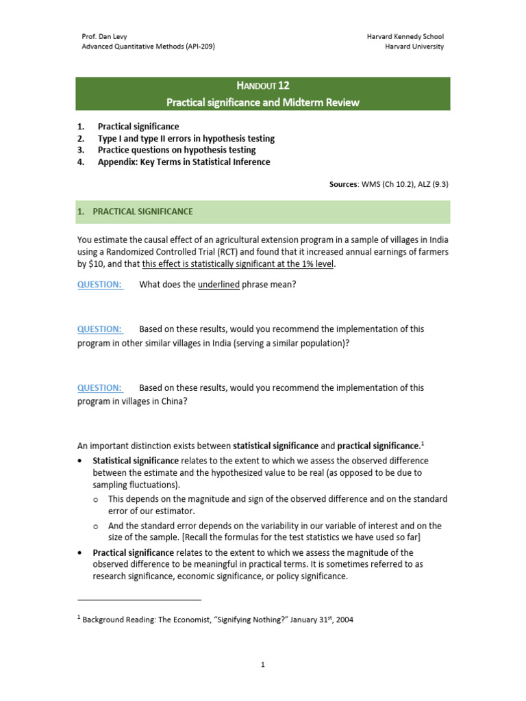 API209 - Handout 12 - Practical Significance and Midterm Review - FV | PDF | Type I And Type Ii ...