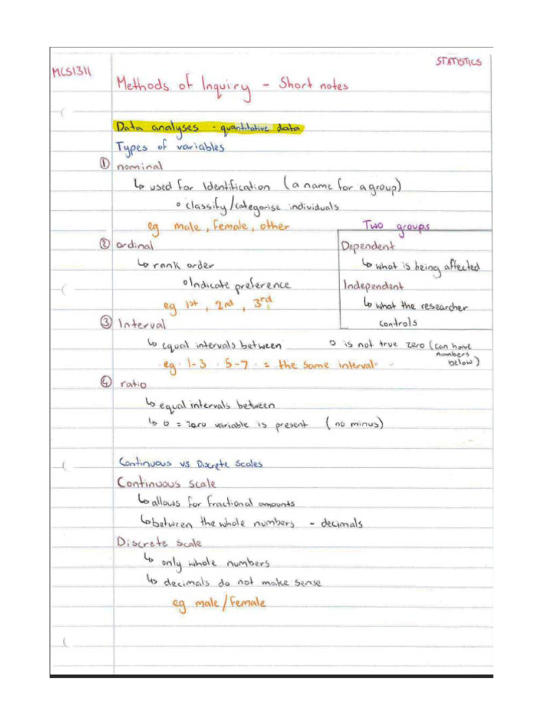 Methods of Inquiry - Short Notes (Statistics) | PDF
