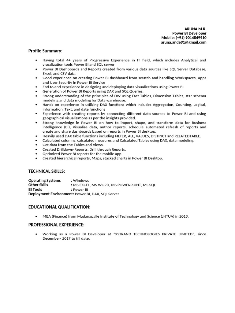 ArunaPowerBI_resume | PDF | Microsoft Sql Server | Sql