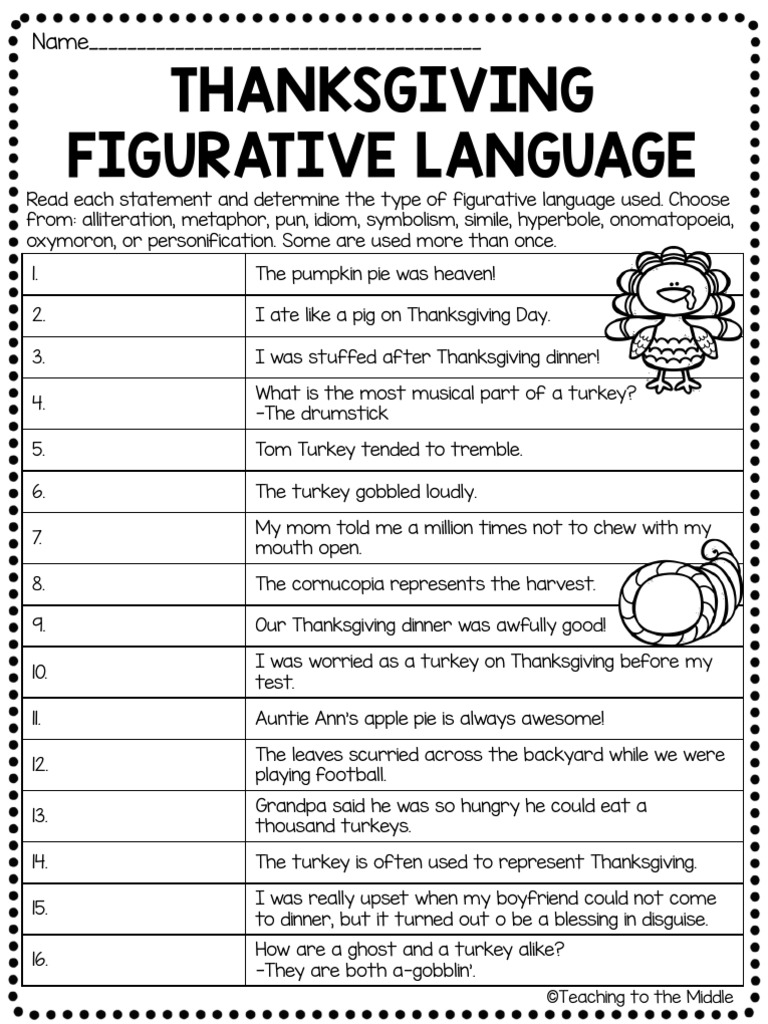 Thanksgiving Figurative Language Student Version BW | PDF | Cooking ...