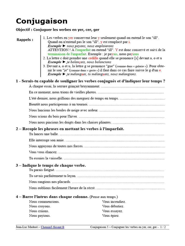 Conjuguer Les Verbes en Yer, Cer, Ger | PDF